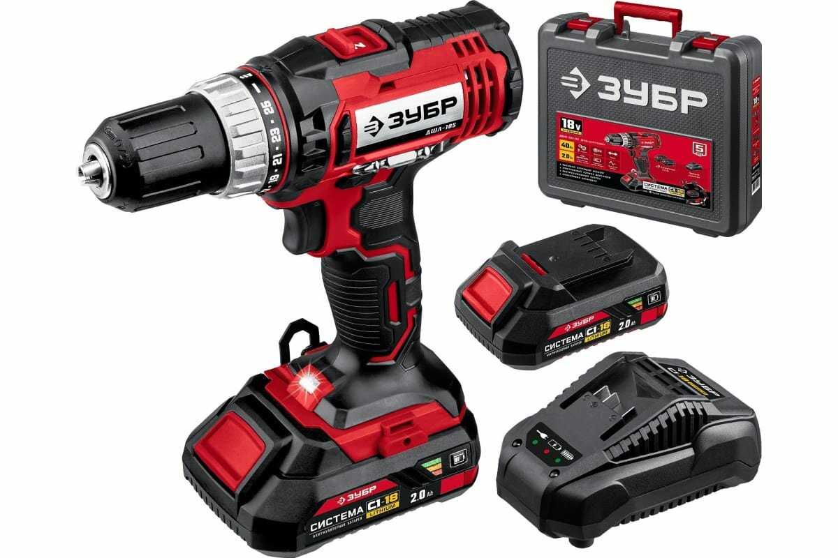 ЗУБР С1-18, 18 В, 40 Н·м, 2 АКБ (2 А·ч), дрель-шуруповерт, кейс ДШЛ-185-22