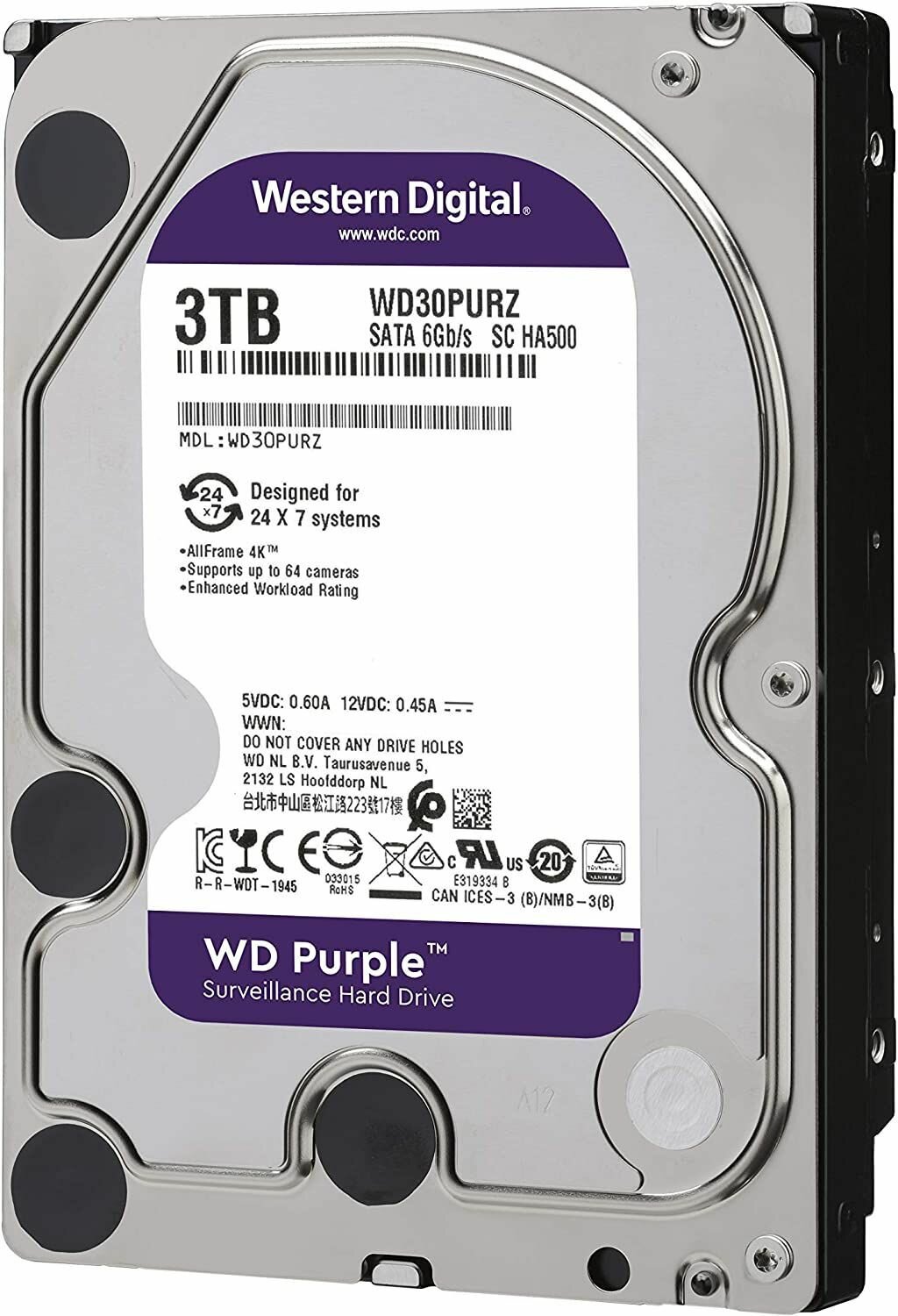 Внутренний жесткий диск Western Digital Б/У / WD PURPLE / для видеонаблюдения камер, 1 шт.