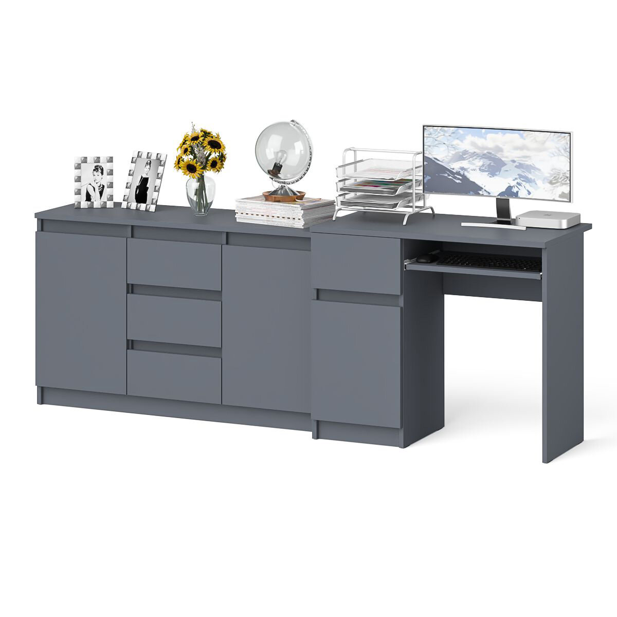 Комод-тумба СВК Мори МК1200 3 ящика и две дверки со столом компьютерным левым цвет графит, 210,4х50х76,6 см.