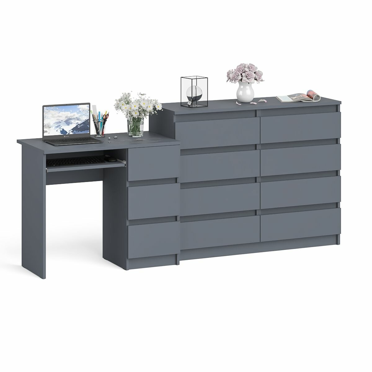 Комод СВК Мори МК1200 8-мь ящиков со столом компьютерным правым цвет графит, 210,4х50х94 см.