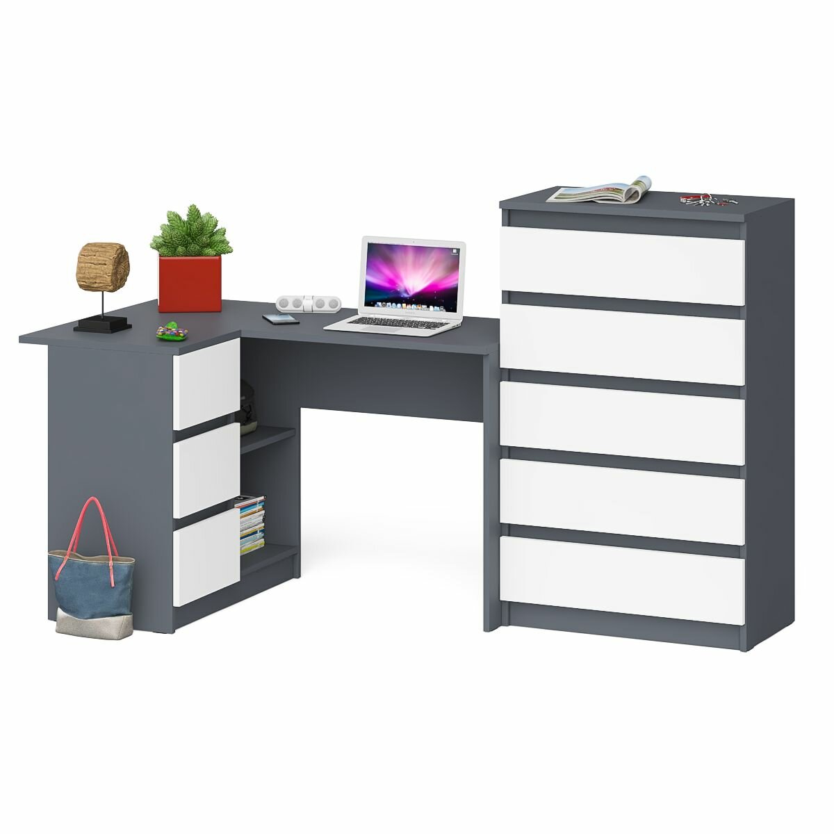 Угловой компьютерный стол для дома 195см графит/белый Спасибо-Мебель