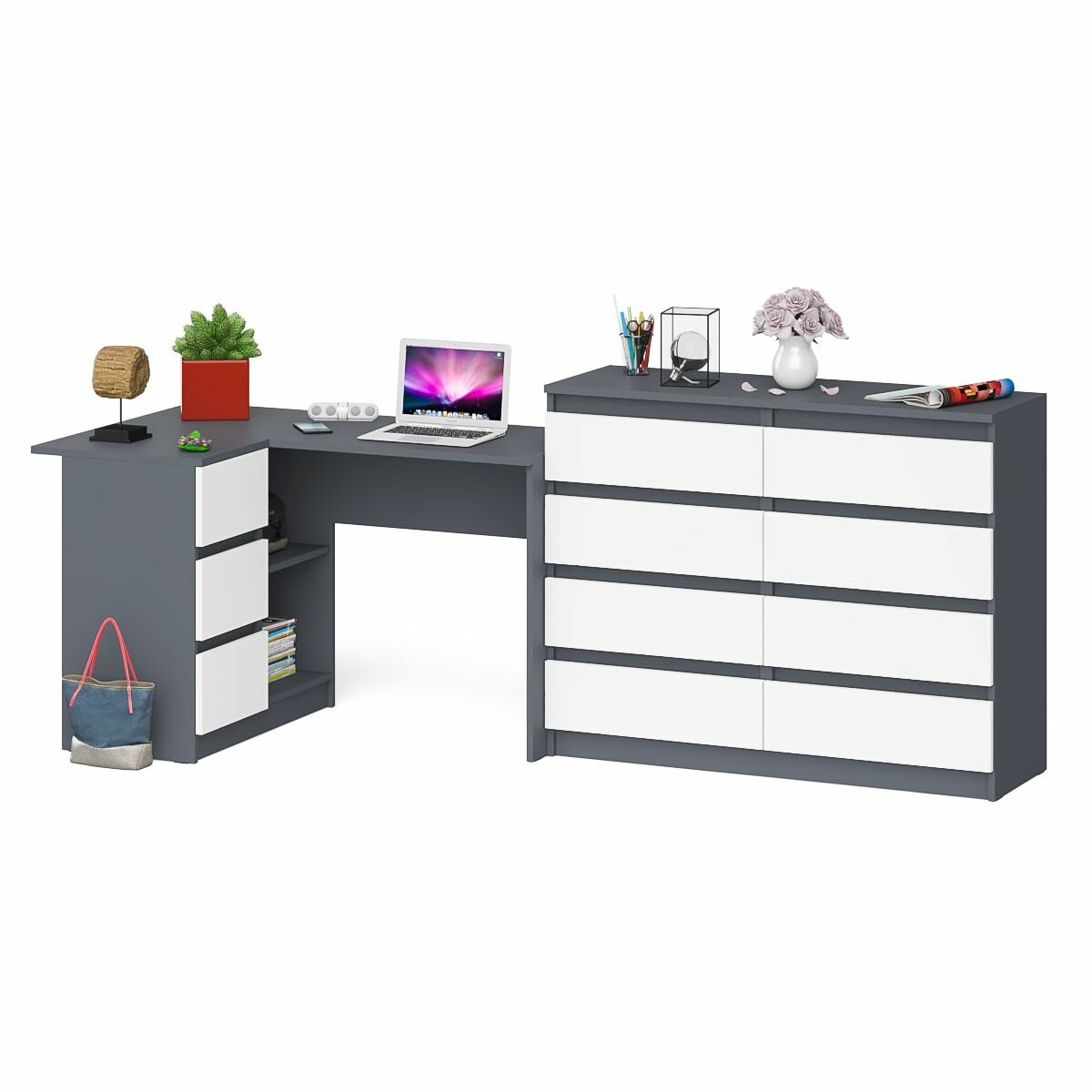 Угловой компьютерный стол для дома 245см графит/белый Спасибо-Мебель