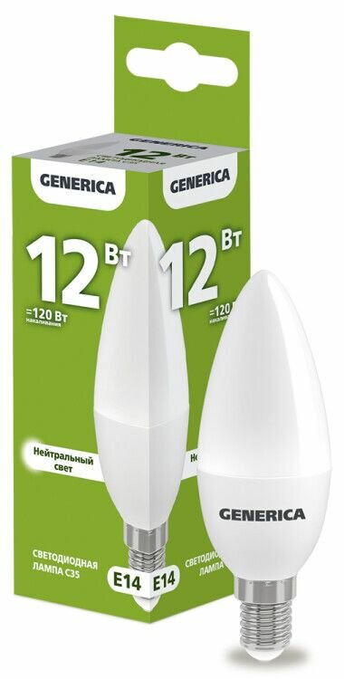 1шт/уп. Лампа LED Свеча 12Вт 230B C35 E14 1200Лм 4000К Свет Нейтральный белый арт. LL-C35-12-230-40-E14-G Generica, уп. 1шт
