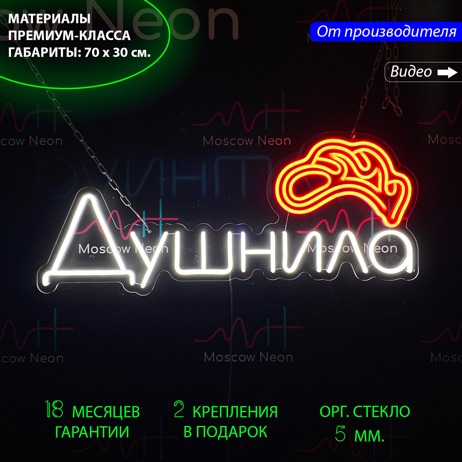 Светильник декоративный, неоновая вывеска, надпись на стену Душнила, 70 х 30 см.