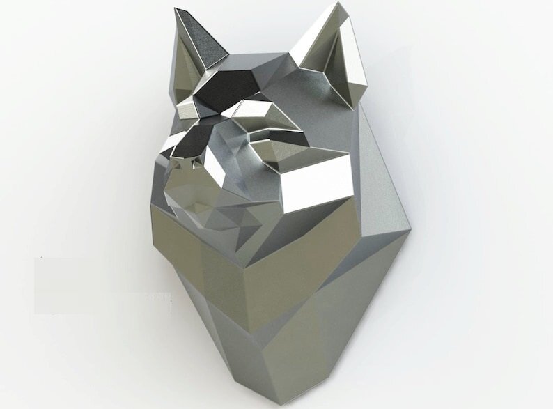 Полигональная фигура голова Волка, бюст, геометрический полигональный металлический декор интерьера