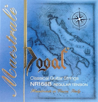 Classical guitar string set Dogal Maestrale NR168B - Blue cast composite nylon trebles and silver-plated copper wound basses with the same core. Powerful and clear tone with percussion tones, extended service life. Medium tension