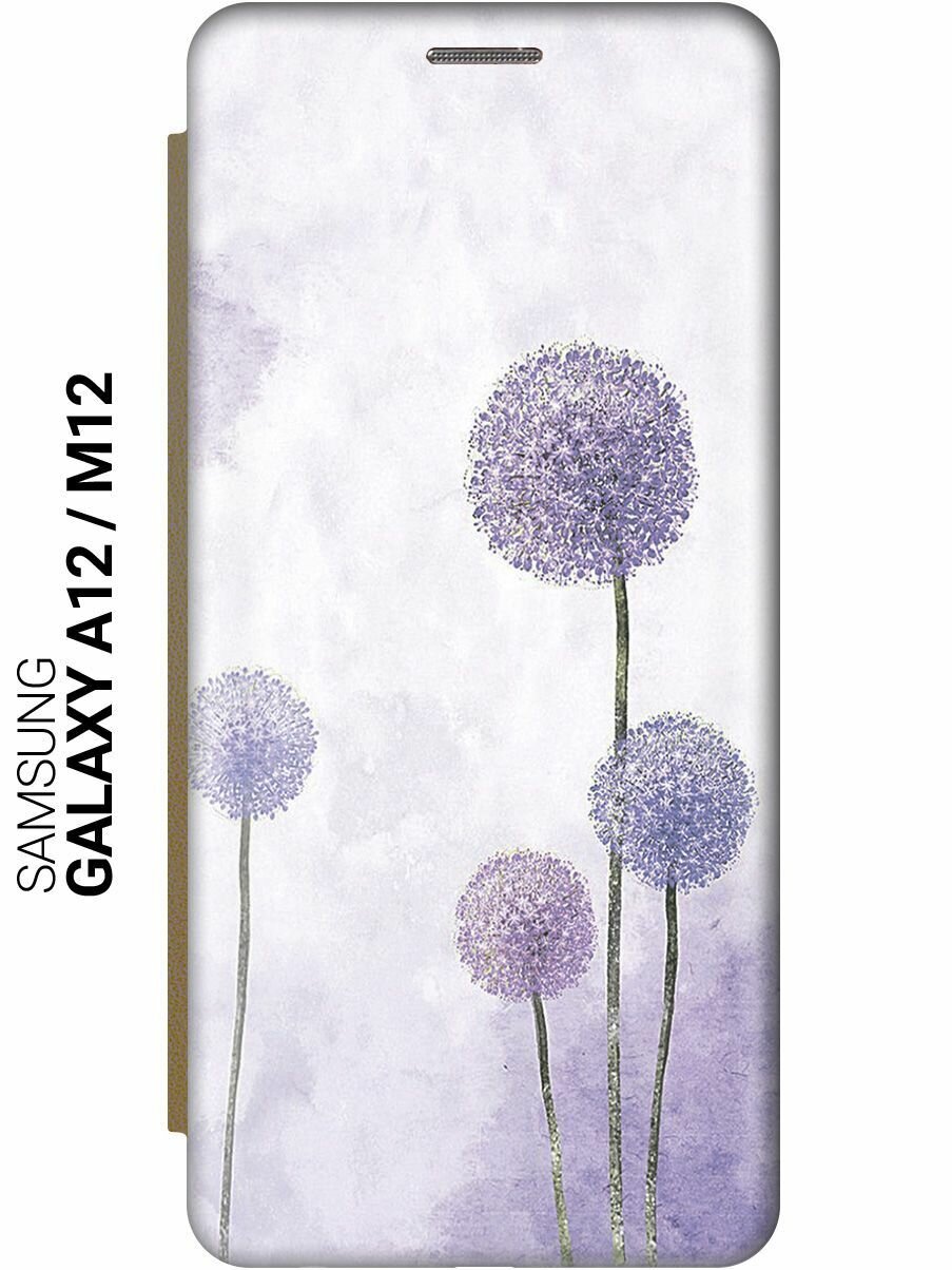 Чехол-книжка на Samsung Galaxy A12, M12, Самсунг А12, М12 с 3D принтом "Сиреневые одуванчики" золотой