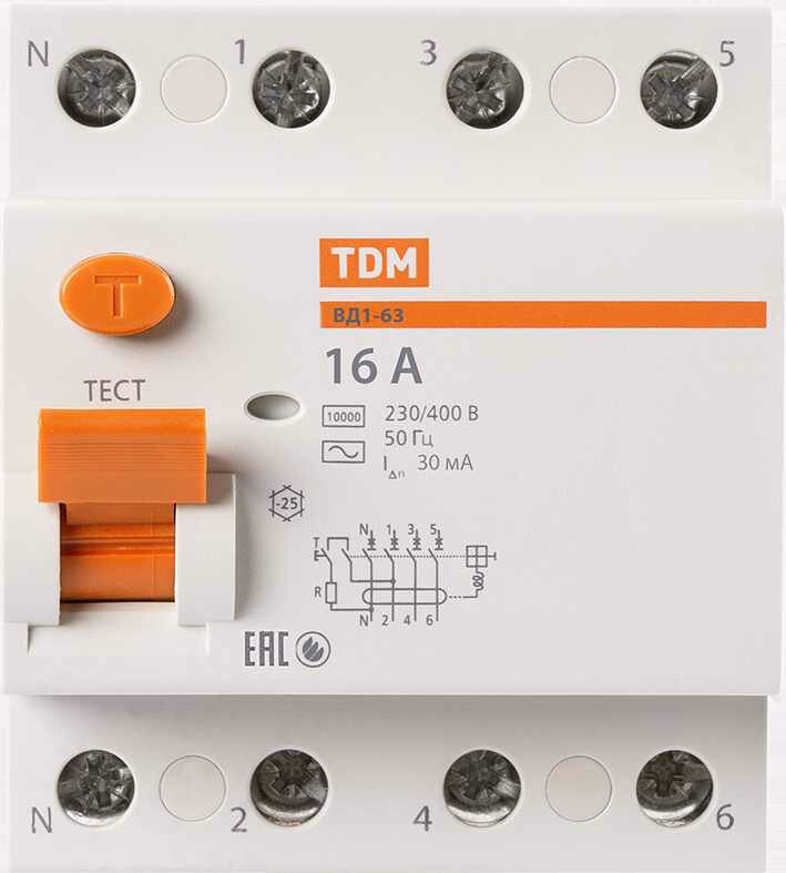 УЗО Tdm Electric ВД1-63 4P 16 A 30 мА 4.5 кА AC SQ0203-0028