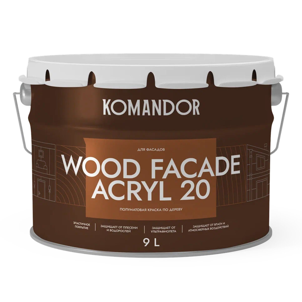 Краска Komandor Wood Facade Acryl 20, по дереву, база А, объем 9 л S1320001010
