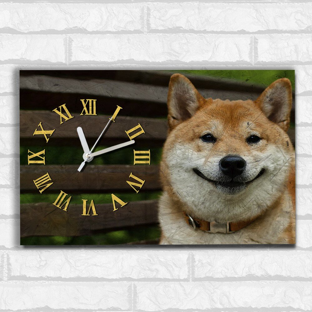 Настенные бесшумные часы ОСБ со смещенным циферблатом Животные Щенок ( Собака, цветы, Акита, милота, Подарок для мамы, бабушки сестры, подруге) - 813