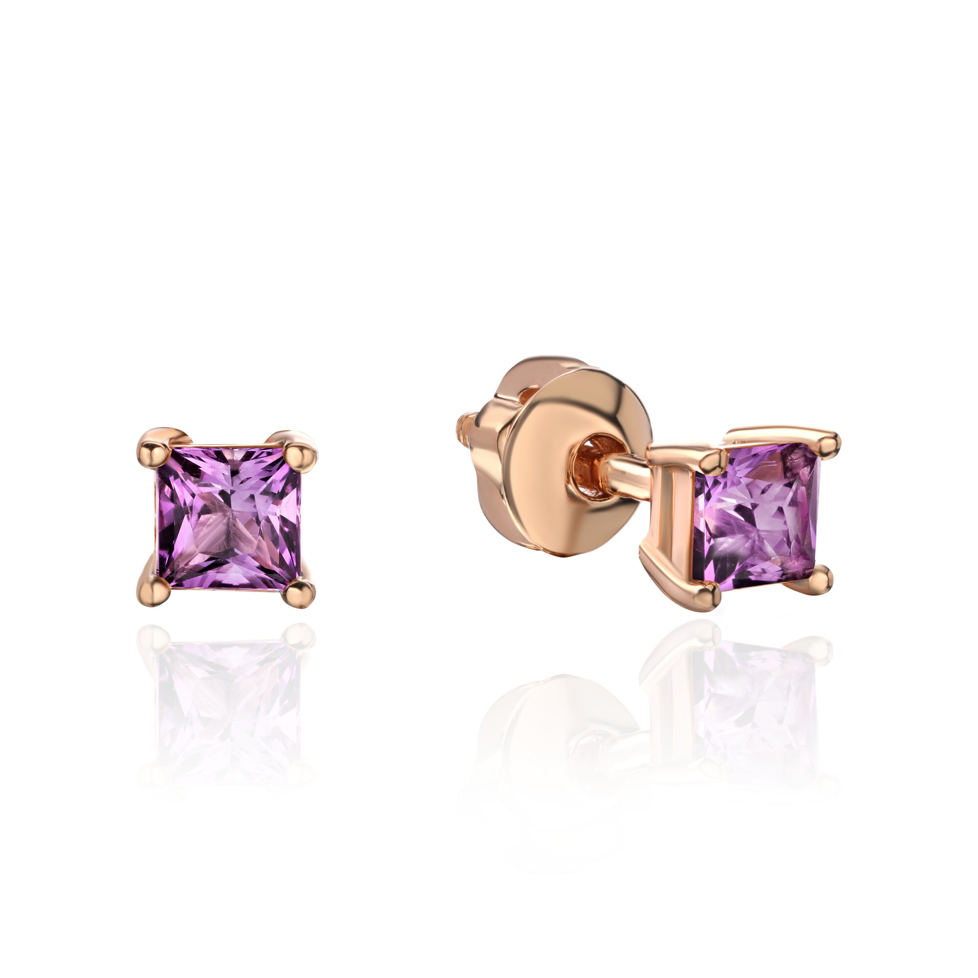 Серьги пусеты, красное золото, 585 проба, аметист
