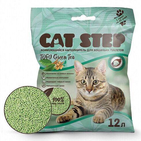 Наполнитель CAT STEP Tofu Green Tea растительный комкующийся с ароматом зеленого чая, 12 л