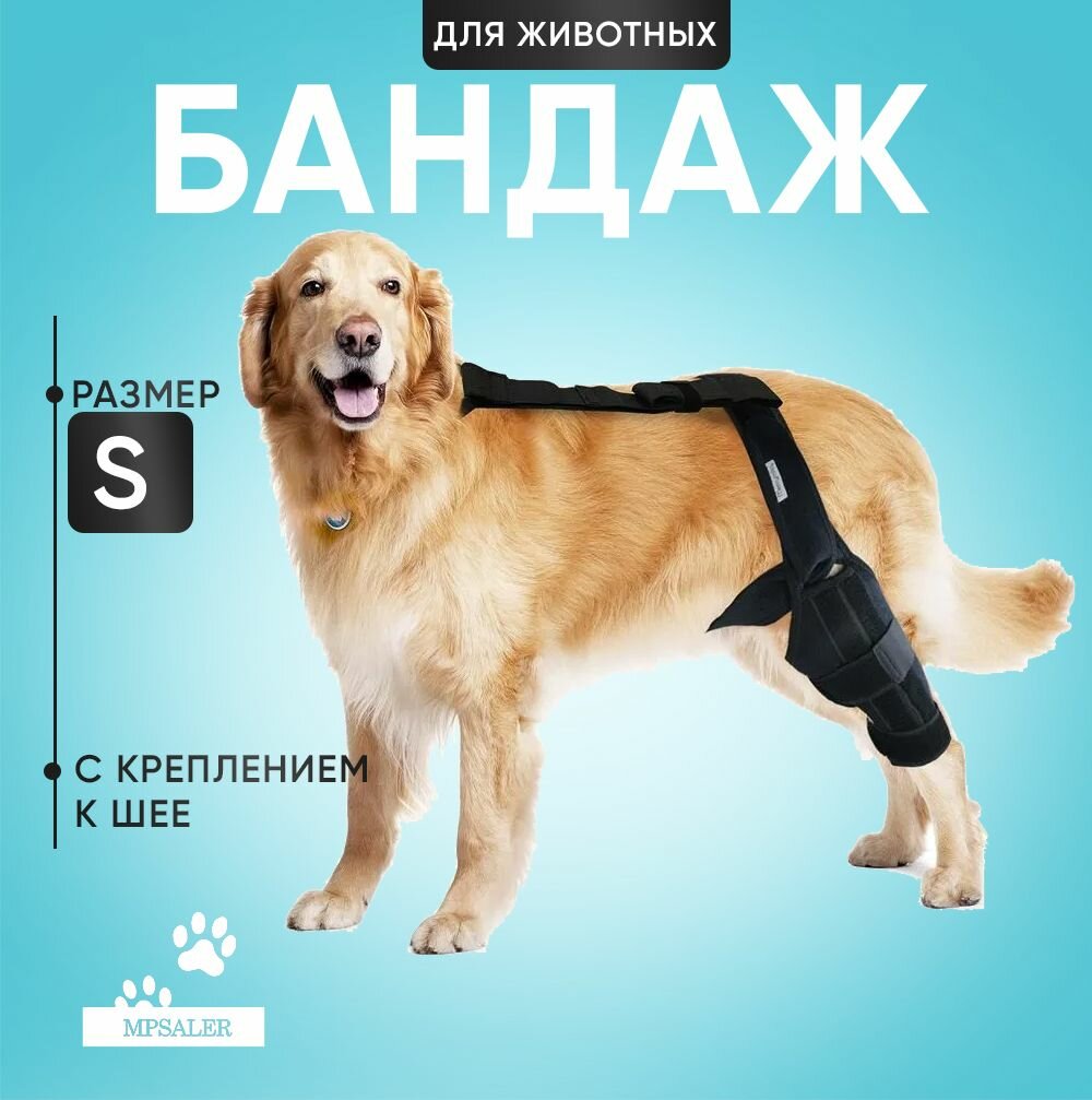 Бандаж для собак на заднюю лапу. На коленный сустав с фиксацией на шее, со вставками, S.