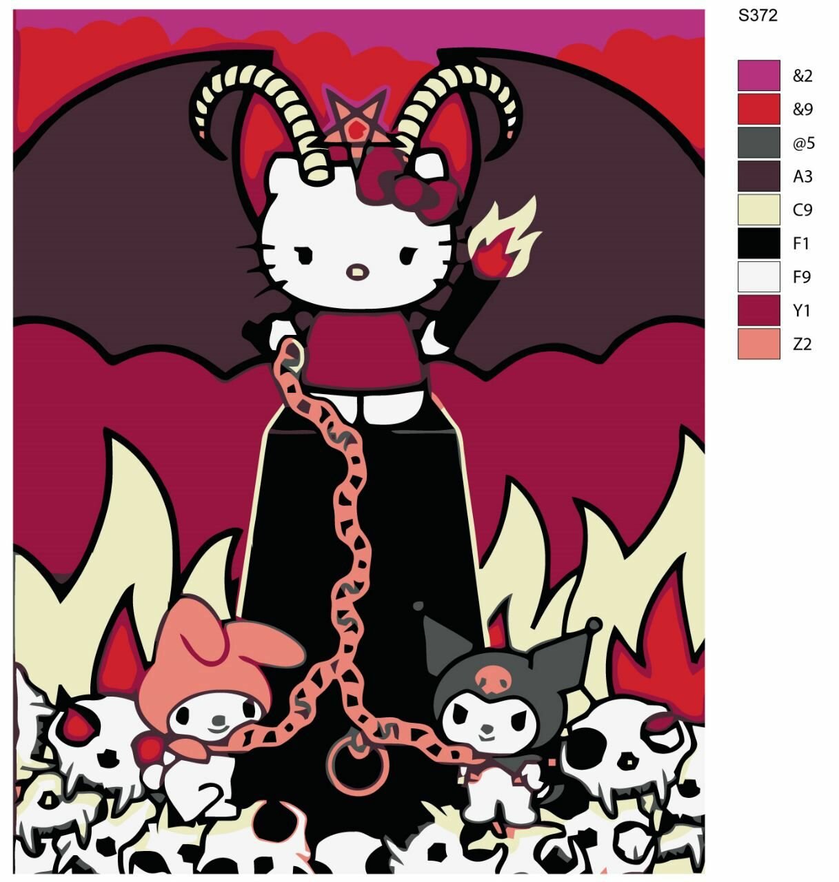 Картина по номерам S372 "Аниме Куроми (Kuromi). Хелло Китти, Куроми и Моя Мелодия" 80x100 см