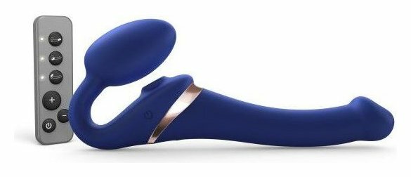 Синий безремневой страпон Multi Orgasm Size S с клиторальной стимуляцией Strap