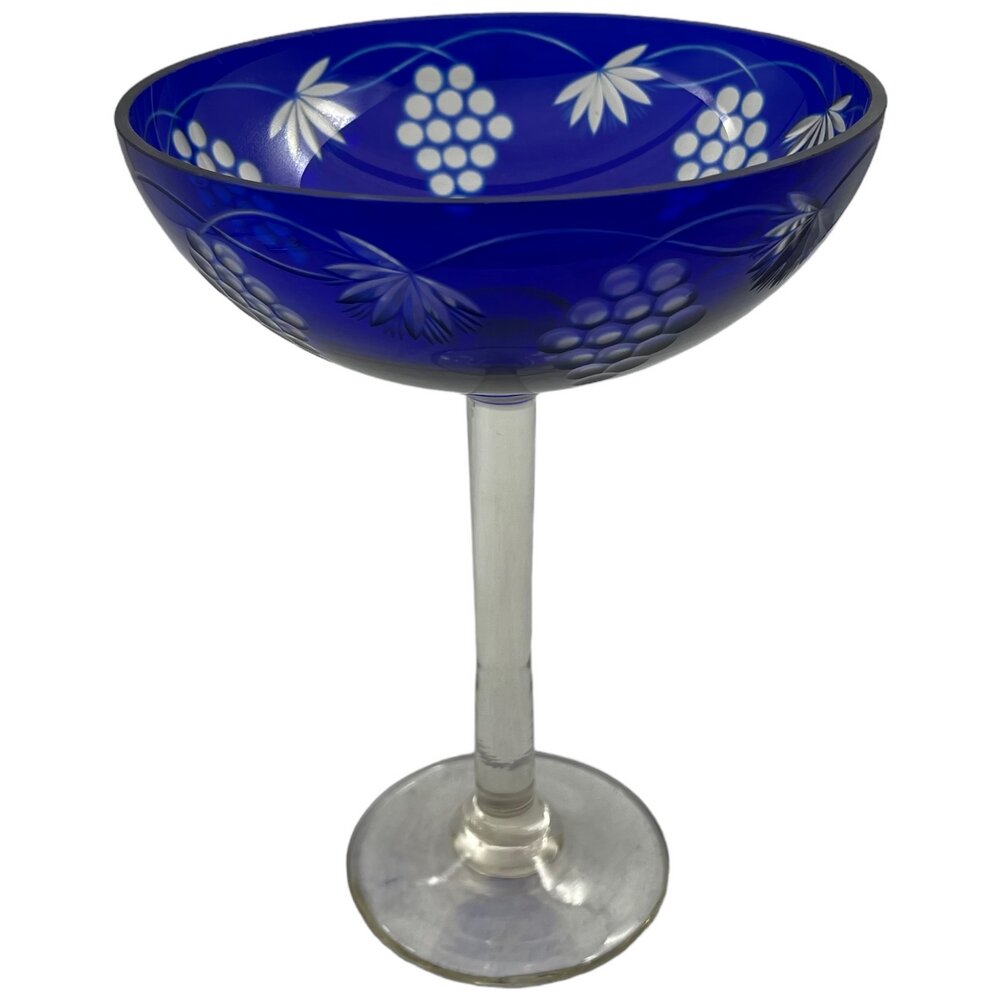 Конфетница на ножке "Виноград", 20.5 см, цветной хрусталь (синий), 1970-1990 г, Дятьковский ХЗ, СССР