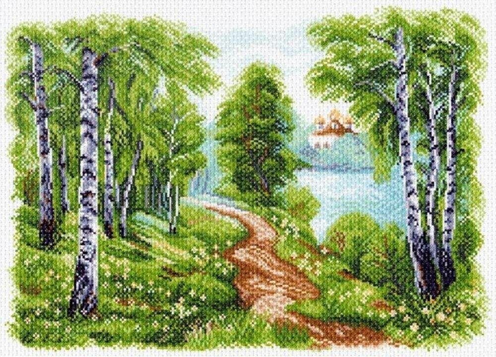 Канва с нанесенным рисунком "Храм у озера" размер: 29х41 см, арт. 1513