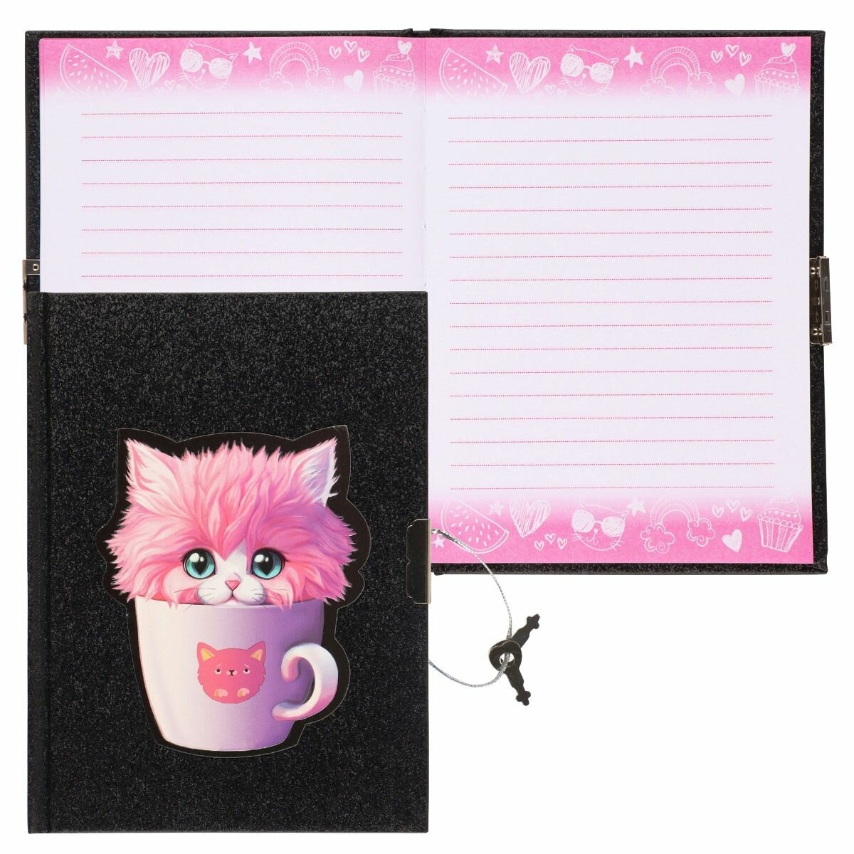 Записная книжка для девочек с замочком А5 (13*18 см), 56 листов, Котик в кружке