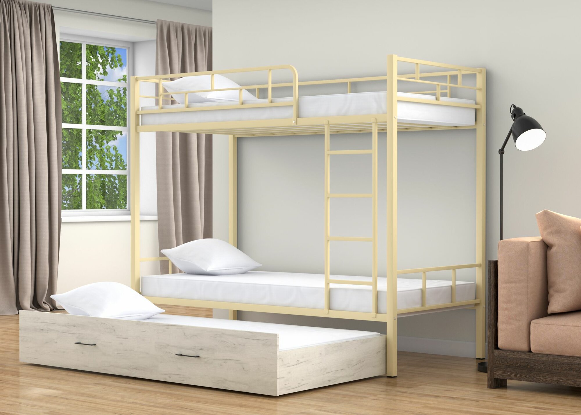 Трехъярусная кровать металлическая "Валенсия" выкатная Слоновая кость/дуб крафт белый