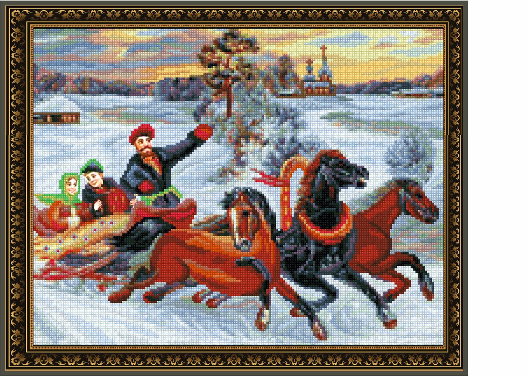 Алмазная мозаика "Тройка" на подрамнике, 40х50 см, люди/лошади М-1013