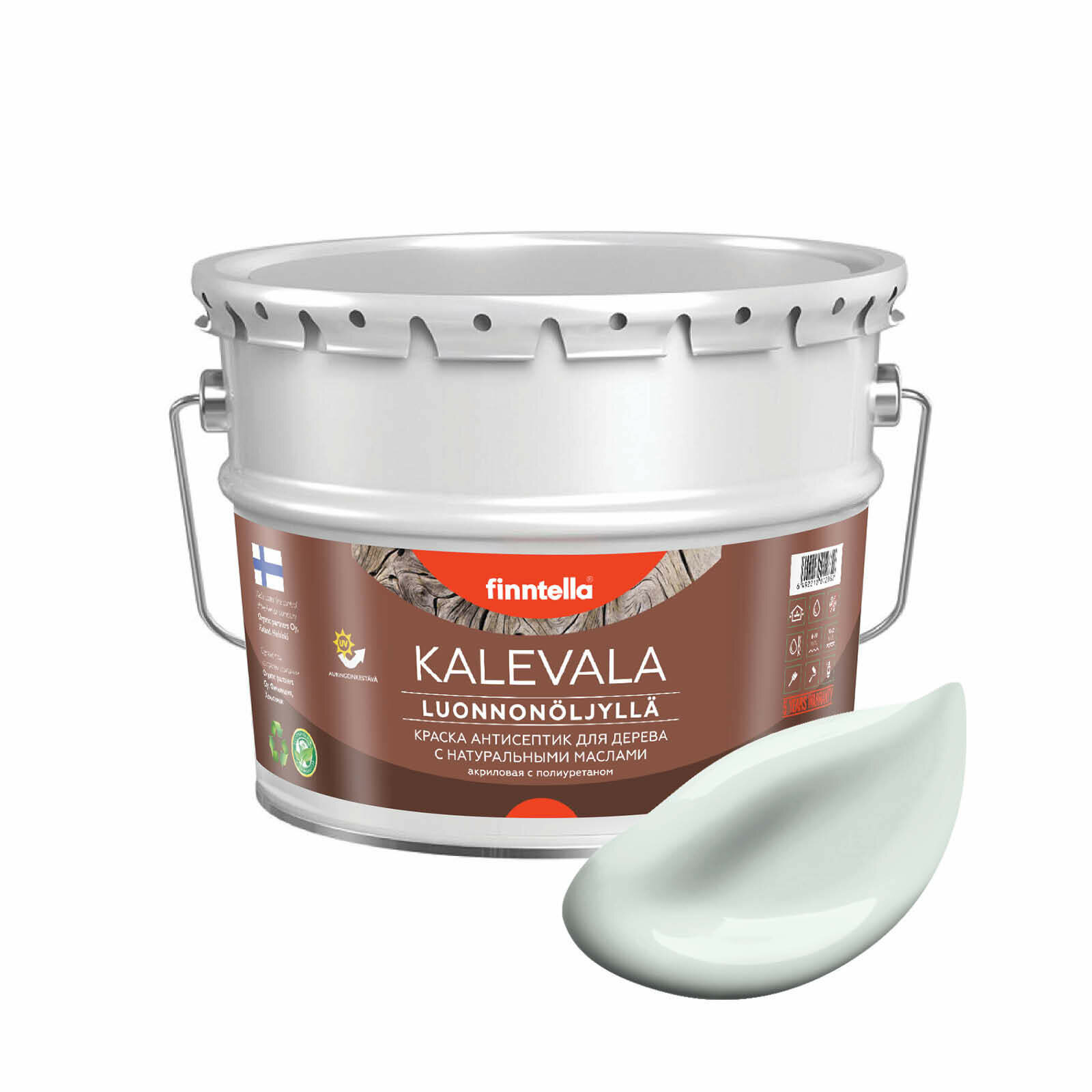 Краска для дерева и деревянных фасадов FINNTELLA KALEVALA, с натуральным маслом и полиуретаном, цвет HOPEA (светло-серо-зеленый) , 9л