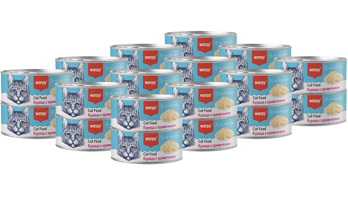 Корм влажный Wanpy Cat для кошек, курица и креветки, 95 г х 24 шт