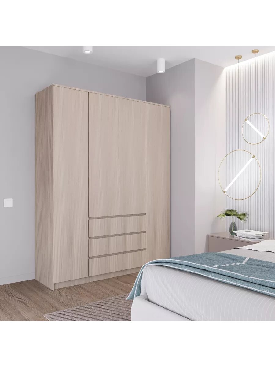 Шкаф КМЗ, ЛДСП, распашной, ясень шимо, 4 двери, шариковые направляющие, 210xх160х50 см