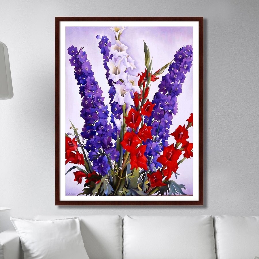 Алмазная мозаика на подрамнике "Букет цветов. Дельфиниум и гладиолус" , 20х30 см, сложность 5, цветов 17