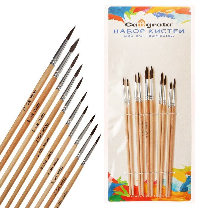 Набор кистей пони 10 штук ( круглые: №1, 2 ,3 , 4, 5, 6, 7, 8, 9, 10), с деревянными ручками на блистере, 10212702