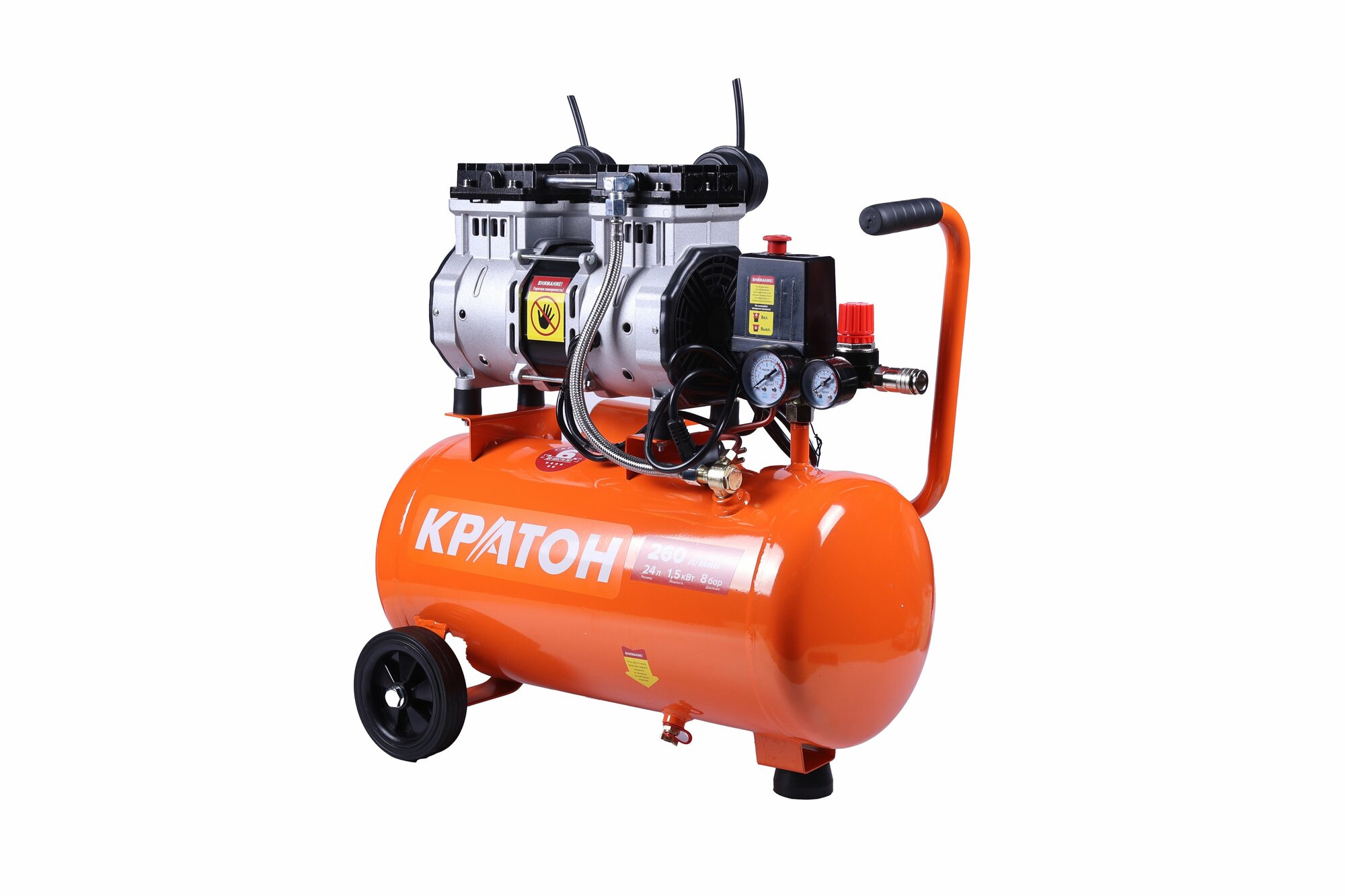 Компрессор воздушный для гаража безмасляный Кратон AC-260-24-OFHS, 8 бар, 260 л/мин, 1500 Вт, 24л