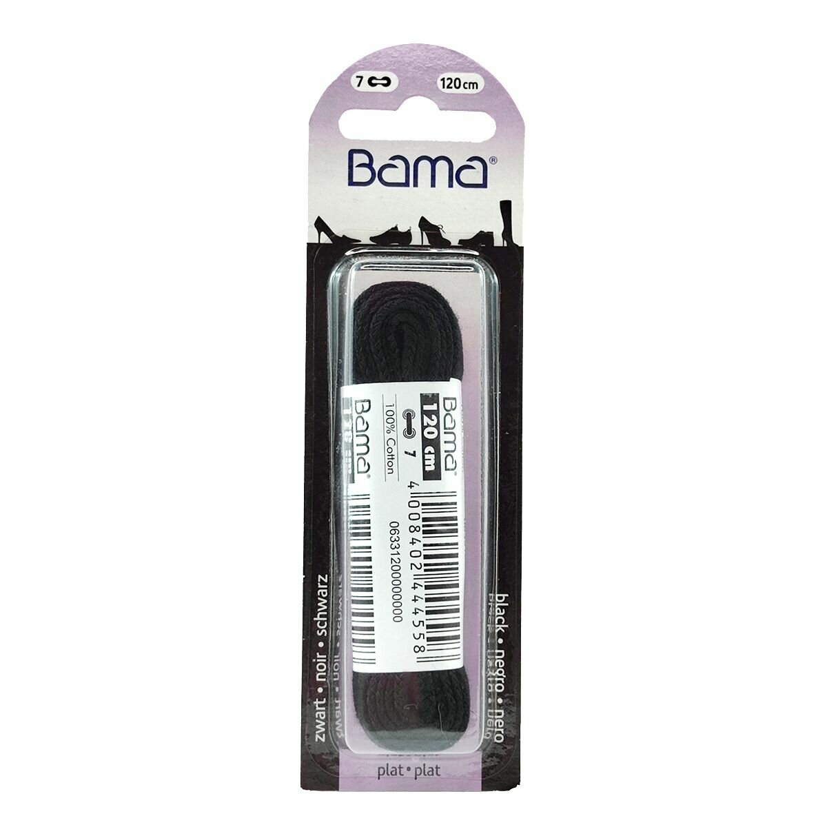 Шнурки черные плоские хлопковые для обуви, Bama Германия, длина 120 см(на 7 рядов шнуровки), 8 мм, 1 пара, хлопок 100%