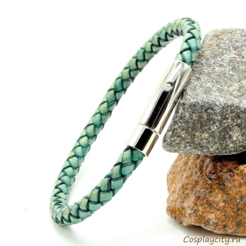 Жесткий браслет, металл, аквамарин, кожа