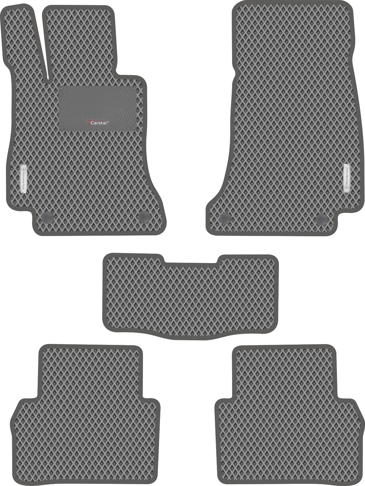 Автомобильные коврики EVA для Mercedes-Benz E-klasse V W213 (2016-н/в), с каучуковым подпятником и 2 эмблемами, серые с серым кантом, ячейка - ромб