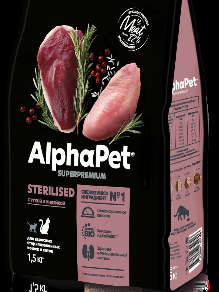 ALPHAPET SUPERPREMIUM STERILISED сухой корм для взрослых стерилизованных кошек и котов с уткой и индейкой 1,5 кг