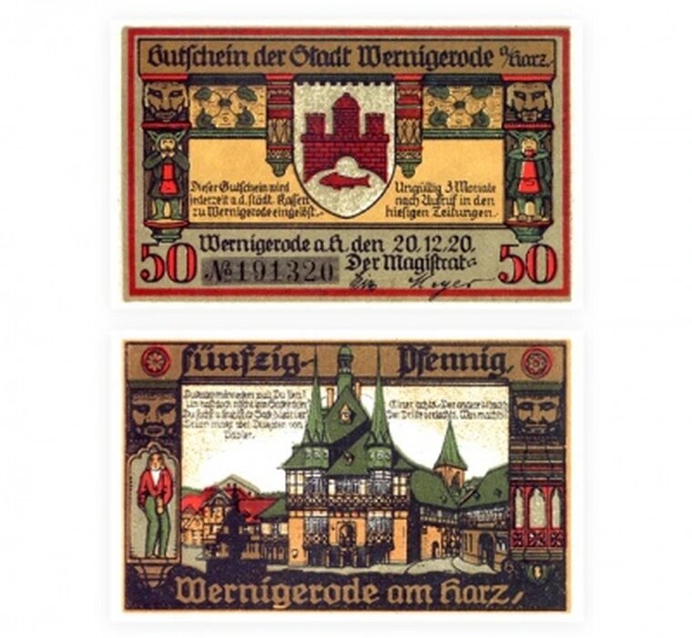 Нотгельд 50 пфеннигов 1920 Германия, Вернигероде, сувенирная копия, банкноты и купюры редкие коллекционные