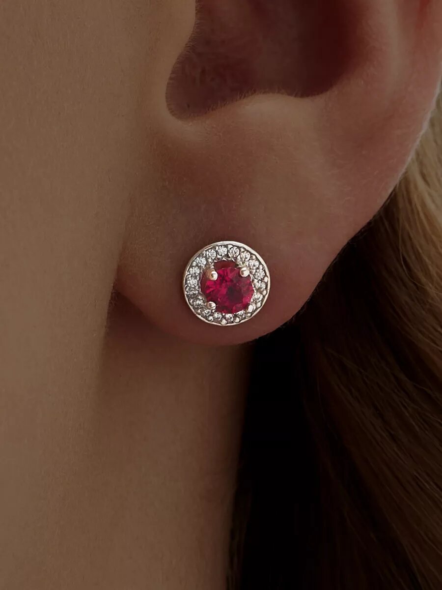 Серьги пусеты, серебро, 925 проба, родирование, рубин, фианит