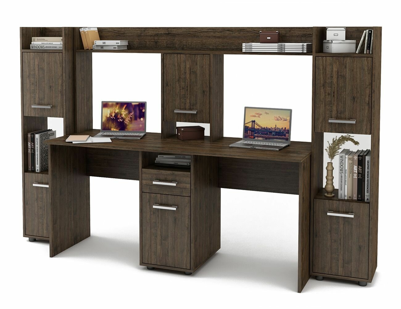 Стол письменный для двоих со стеллажами Остин (Ливерпуль) 15 дуб апрель темный