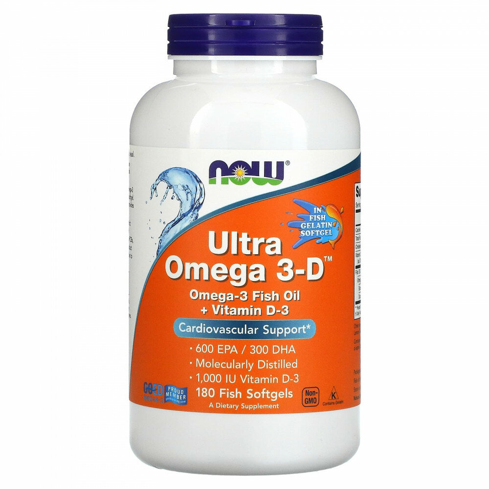 NOW Foods, Ultra Omega 3-D™, рыбий жир, 180 капсул из рыбьего желатина