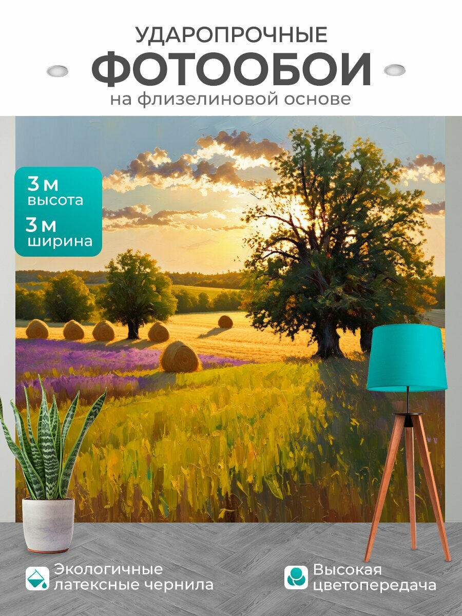 Фотообои моющиеся ударопрочные "Прованс изображают летний вечер, когда свет солнца затягивается за горизонтом, а деревья отбрасывают длинные тени" 300x300 см. флизелиновые на стену
