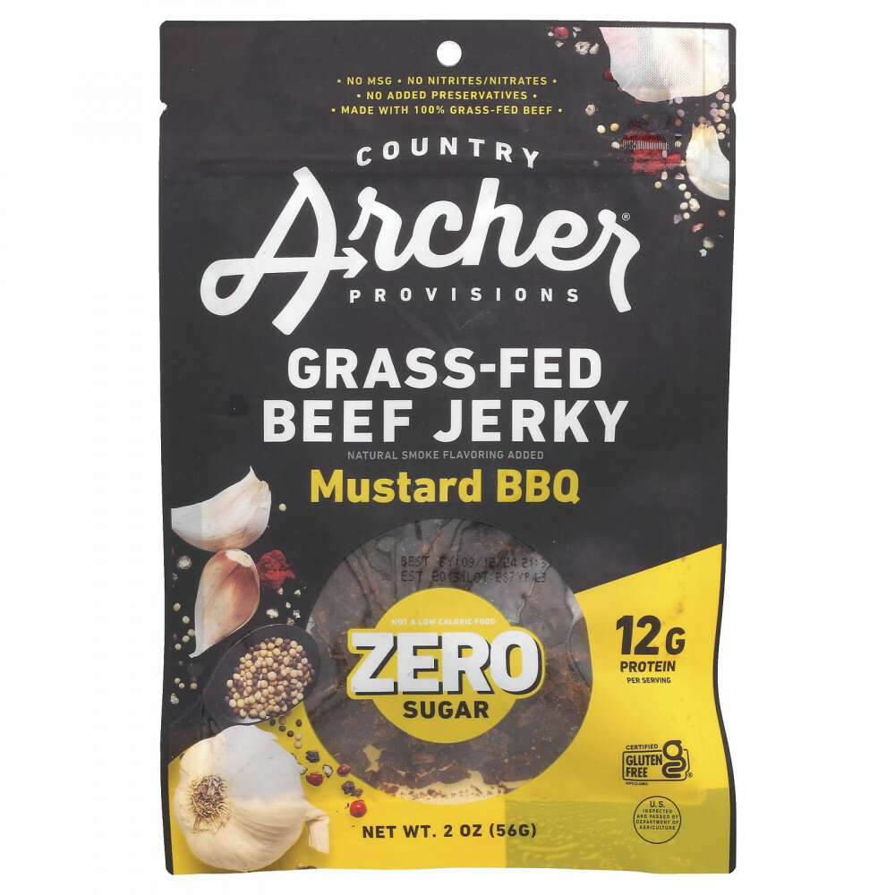 Country Archer Jerky, Cowboy Cut, вяленая говядина травяного откорма, горчица-гриль, 57 г (2 унции)