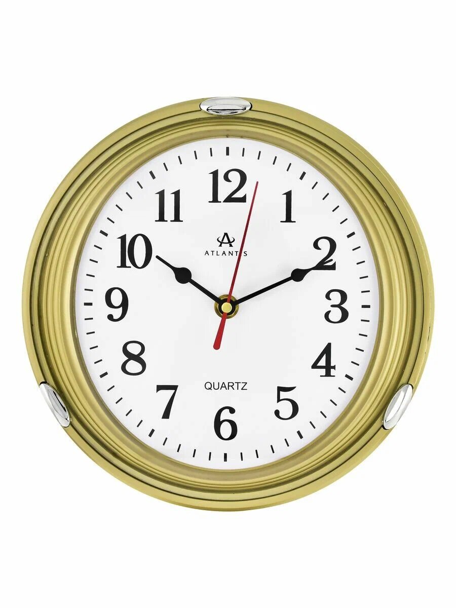 Часы настенные Atlantis 6307, кварцевые, плавный ход, арабские цифры, золото, пластик, диаметр 24 см