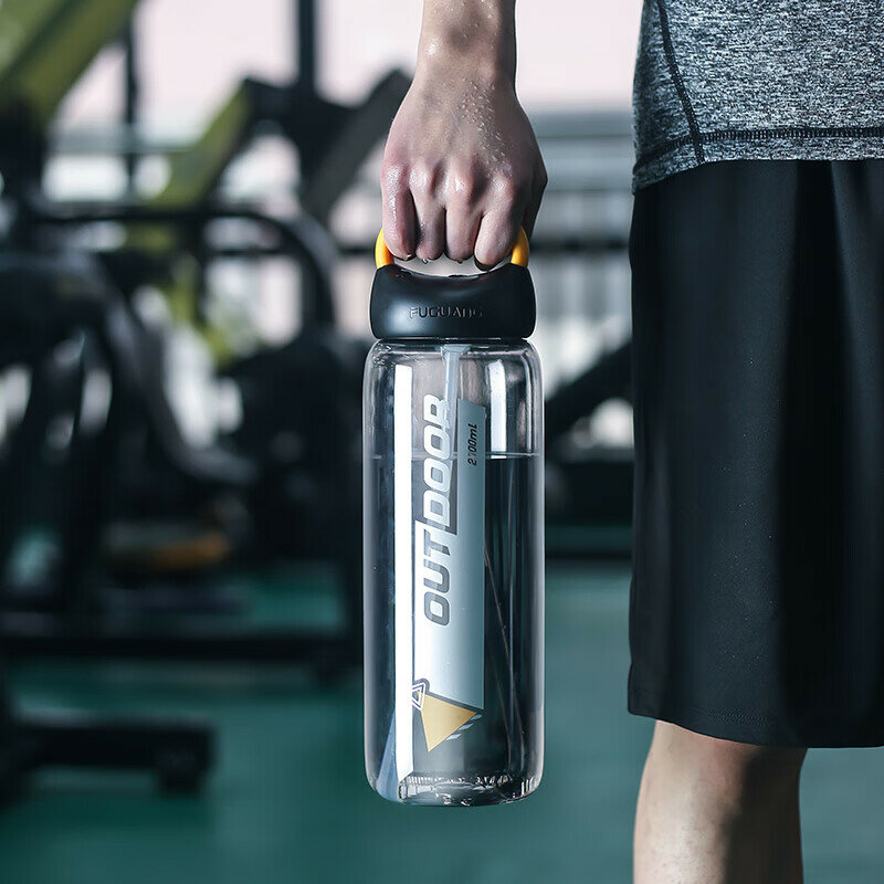 Fuguang Large Capacity Plastic Water Bottle, Sports Water Jug, Straw Cup, Portable Space Cup for Students, Summer, 2000ML, Black