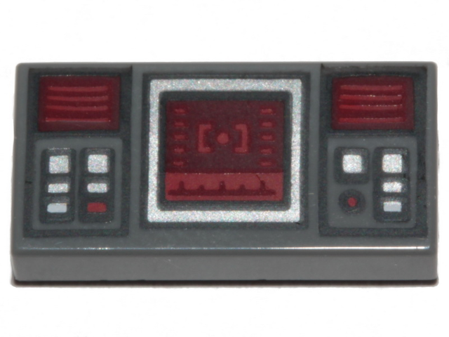 Tile 1 x 2 with SW Dark Red Target Screen, Dark Red and Silver Buttons Pattern, 3069pb0777 Dark Bluish Gray N