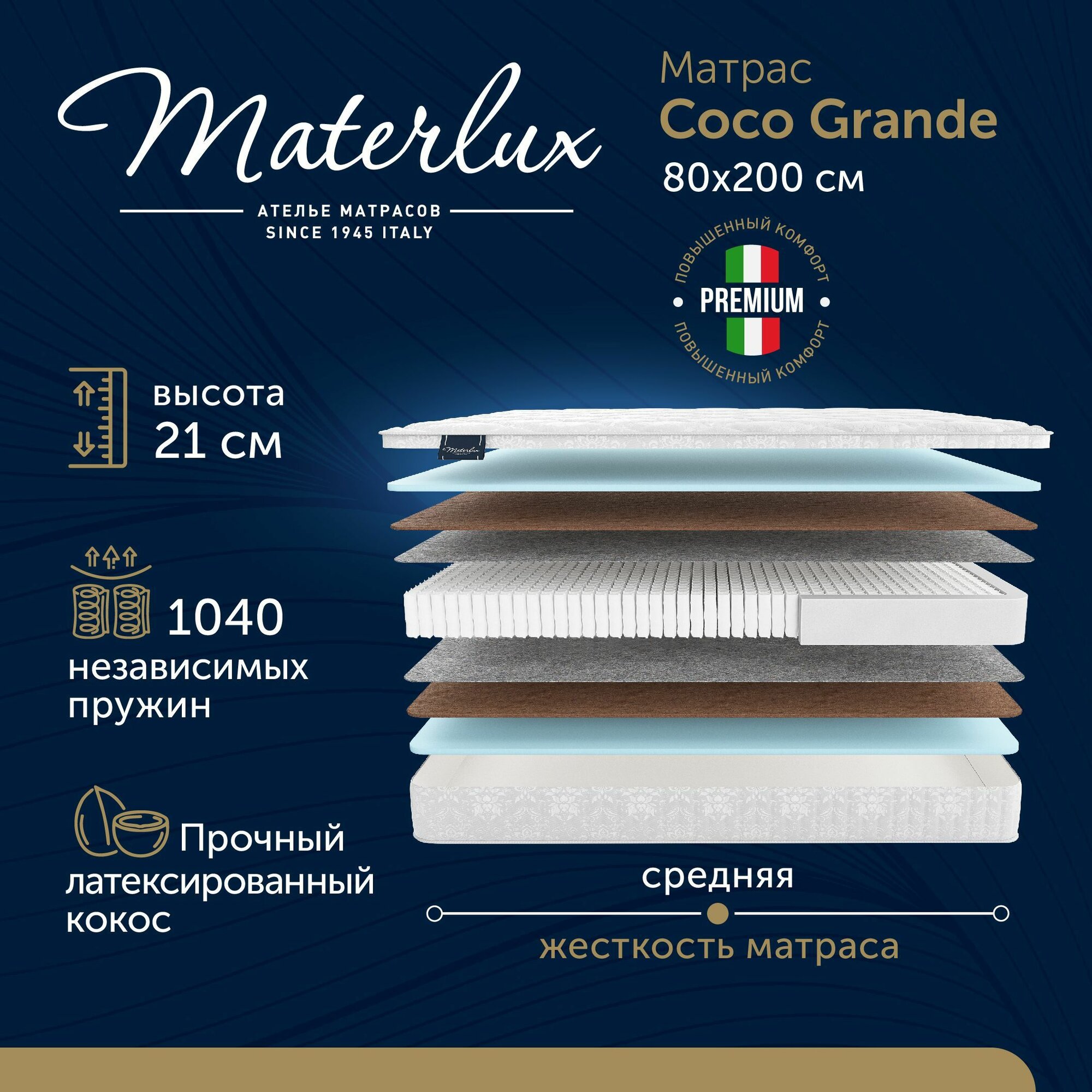 Матрас Materlux Coco Grande, Независимые пружины, 80х200 см, с кокосом