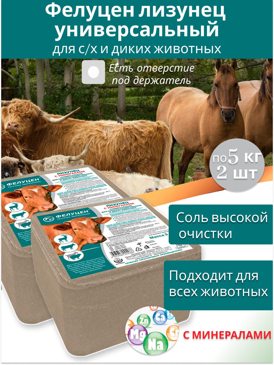 Комплект Фелуцен Лизунец Универсальный для сельскохозяйственных и диких животных с микроэлементами 5кг (под держатель), 2 штуки