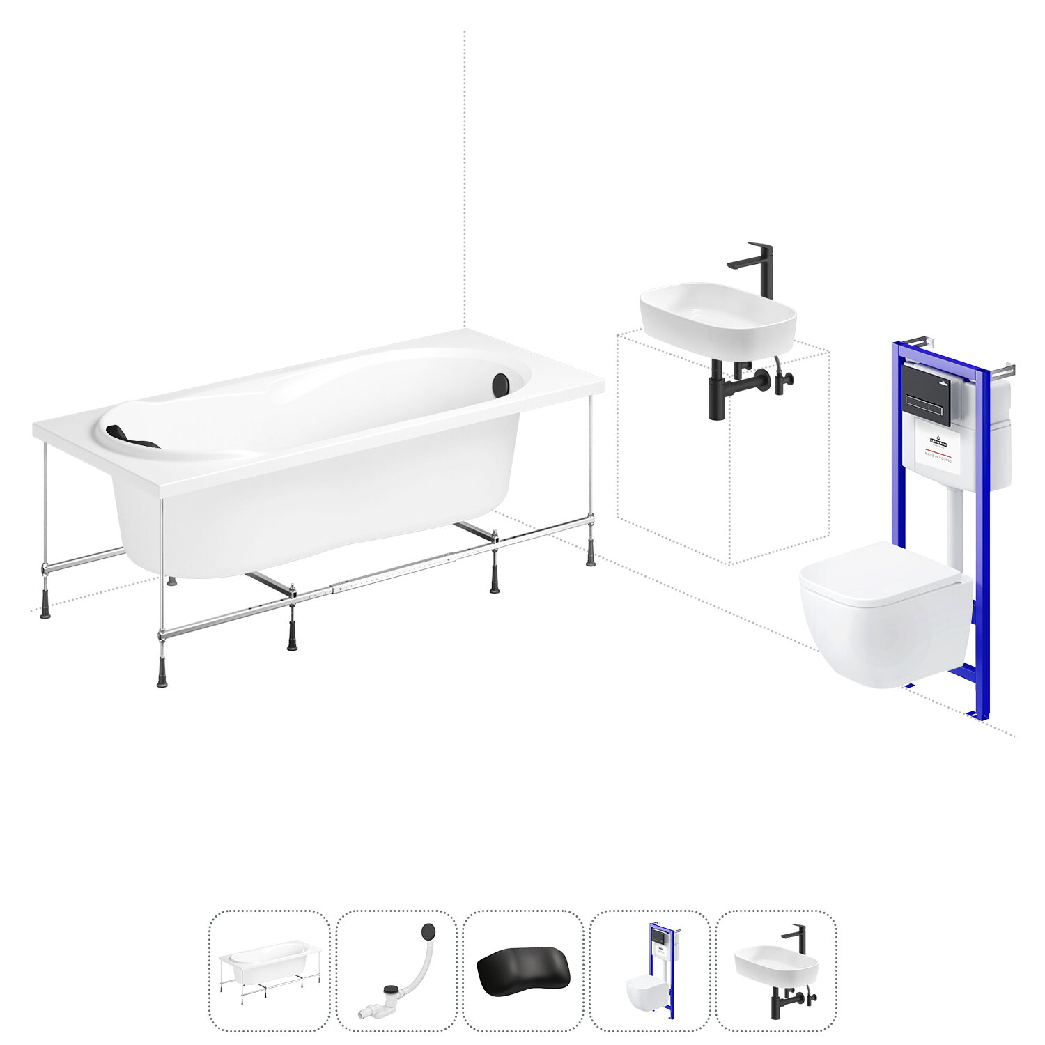 Акриловая ванна 170x75 с каркасом Lavinia Boho Easter Pro 20221335R в наборе 6 в 1: ванна, ножки, слив-перелив, подголовник, унитаз в комплекте, раковина в комплекте