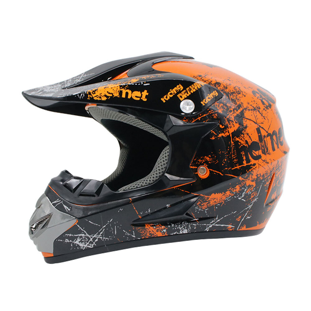 Мотошлем для внедорожного вождения полноформовый лёгкий с очки, шарфом на шею и перчатками для мужчин и женщин все сезоны, цвет: Оранжевый флоральный / Зеленый флоральный / Черный со звездой / Матовый черный, материал: ABS, размер: S / M / L / XL, объем