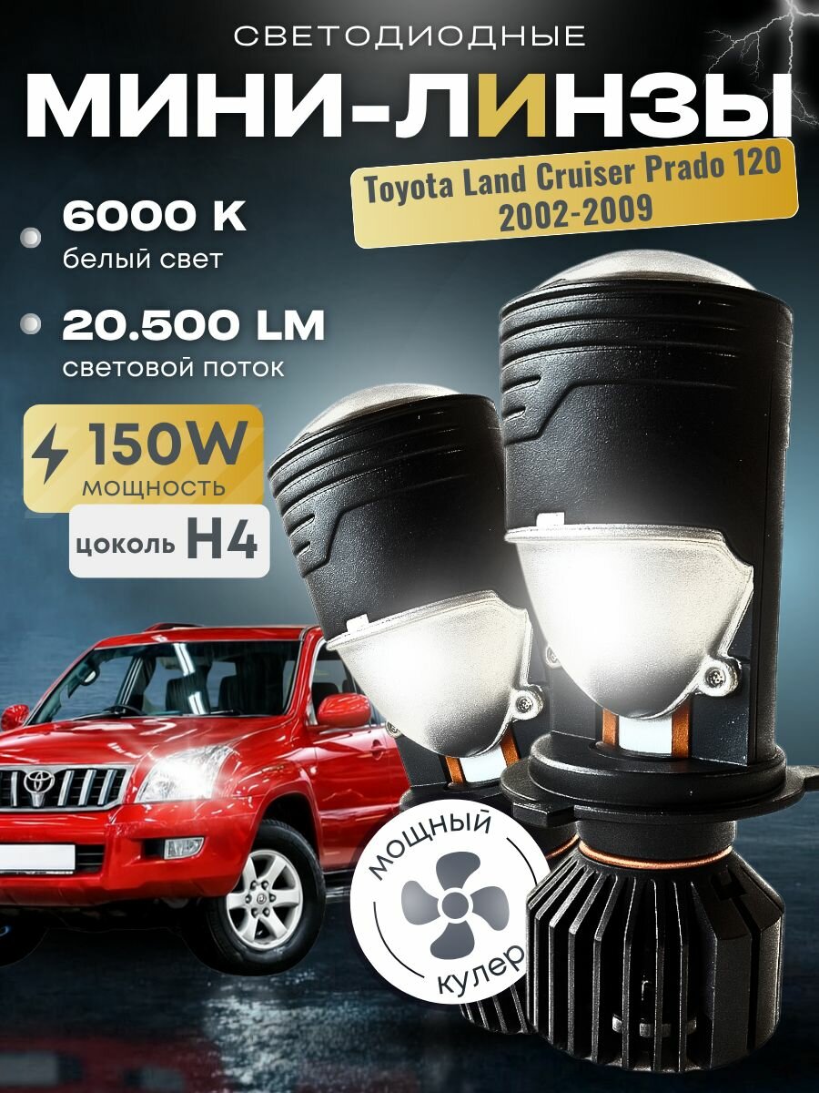 Светодиодные мини линзы H4 LED в фары Toyota Land Cruiser Prado 120 2002-2009 г. в, Н4 лед лампы c линзой H4 для Тойота Лэнд Крузер Прадо 120