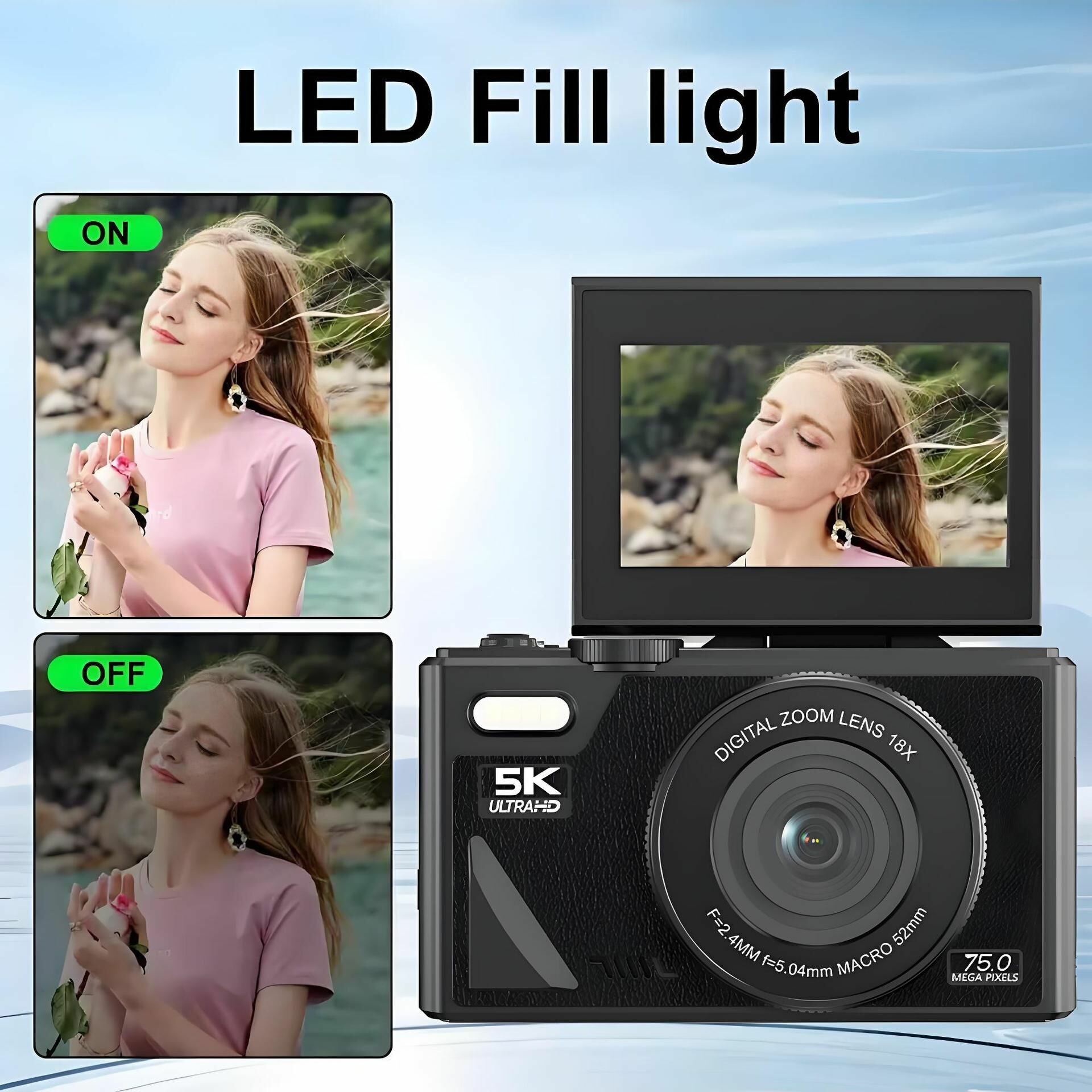 Цифровой фотоаппарат 5K 75 Мп, 18x зум, Wi-Fi, поворотный экран 3.0", 4K видео, портативная камера для путешествий и влогов