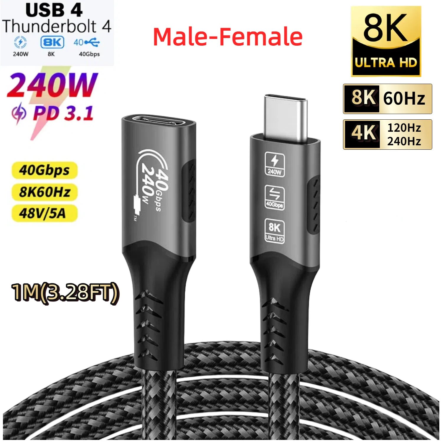 Кабель USB C - USB C 8K 1M, 240W, 40Gbps, Thunderbolt 4